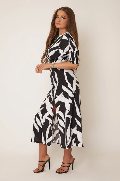 Brogan Black White Floral Print Midi Dress - Koko Rose Boutique